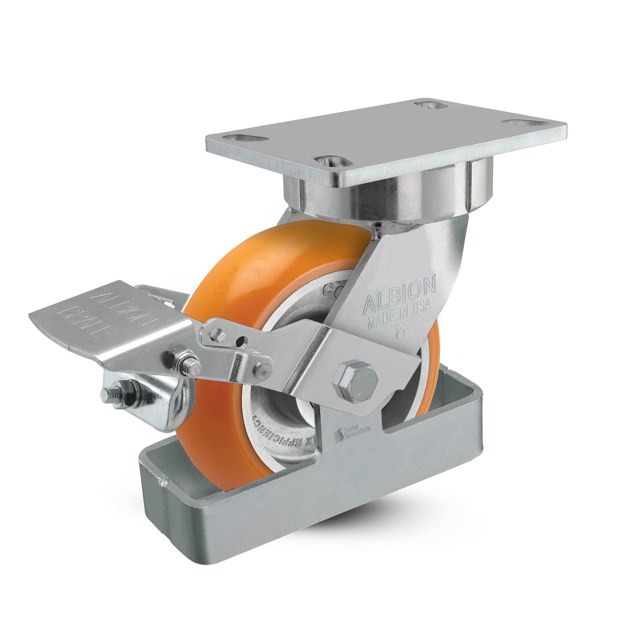 6"x2" USA Ergonomic Brake Caster with MAX-Efficiency Orange Wheel, Toe