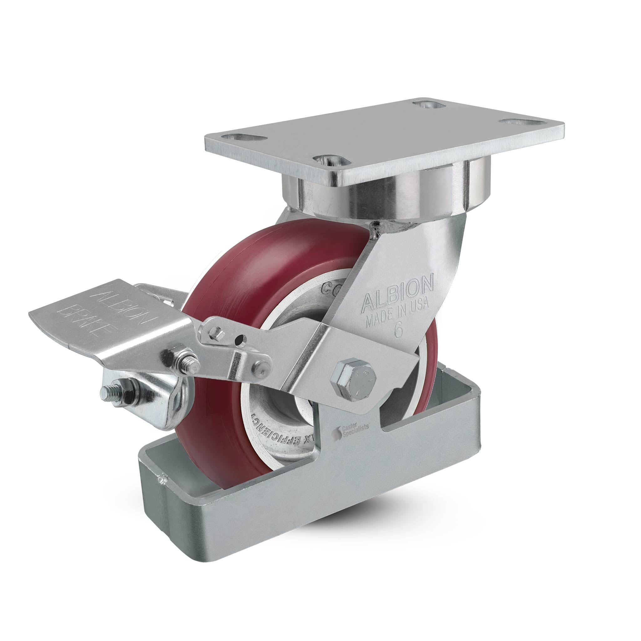 6"x2" USA Ergonomic Brake Caster with MAX-Efficiency Wheel, Toe Guard,