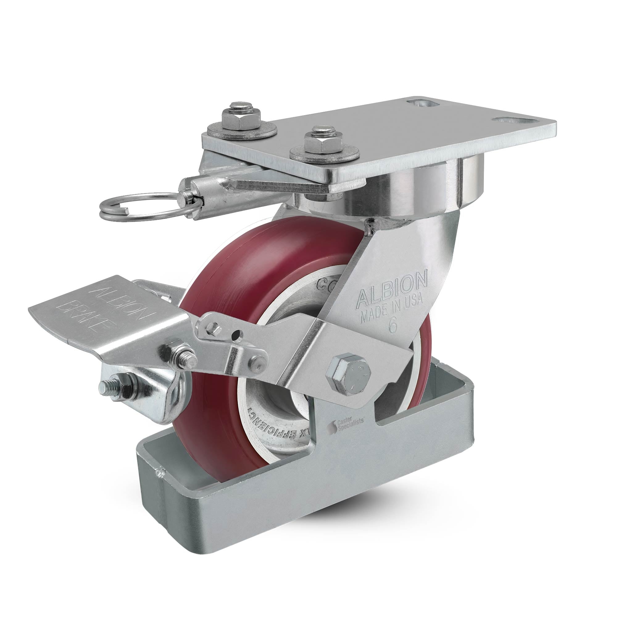 6"x2" USA Ergonomic Brake Caster with MAX-Efficiency Wheel, Toe Guard,