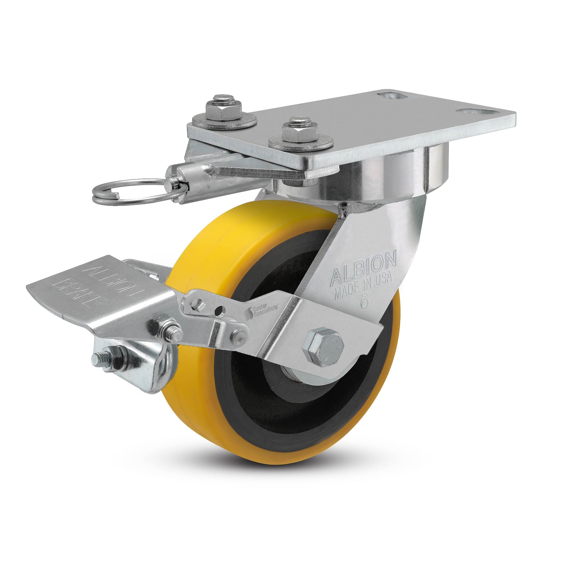 6"x2" USA Ergonomic Brake Caster with HD Poly-on-Iron Wheel, Swivel Lo