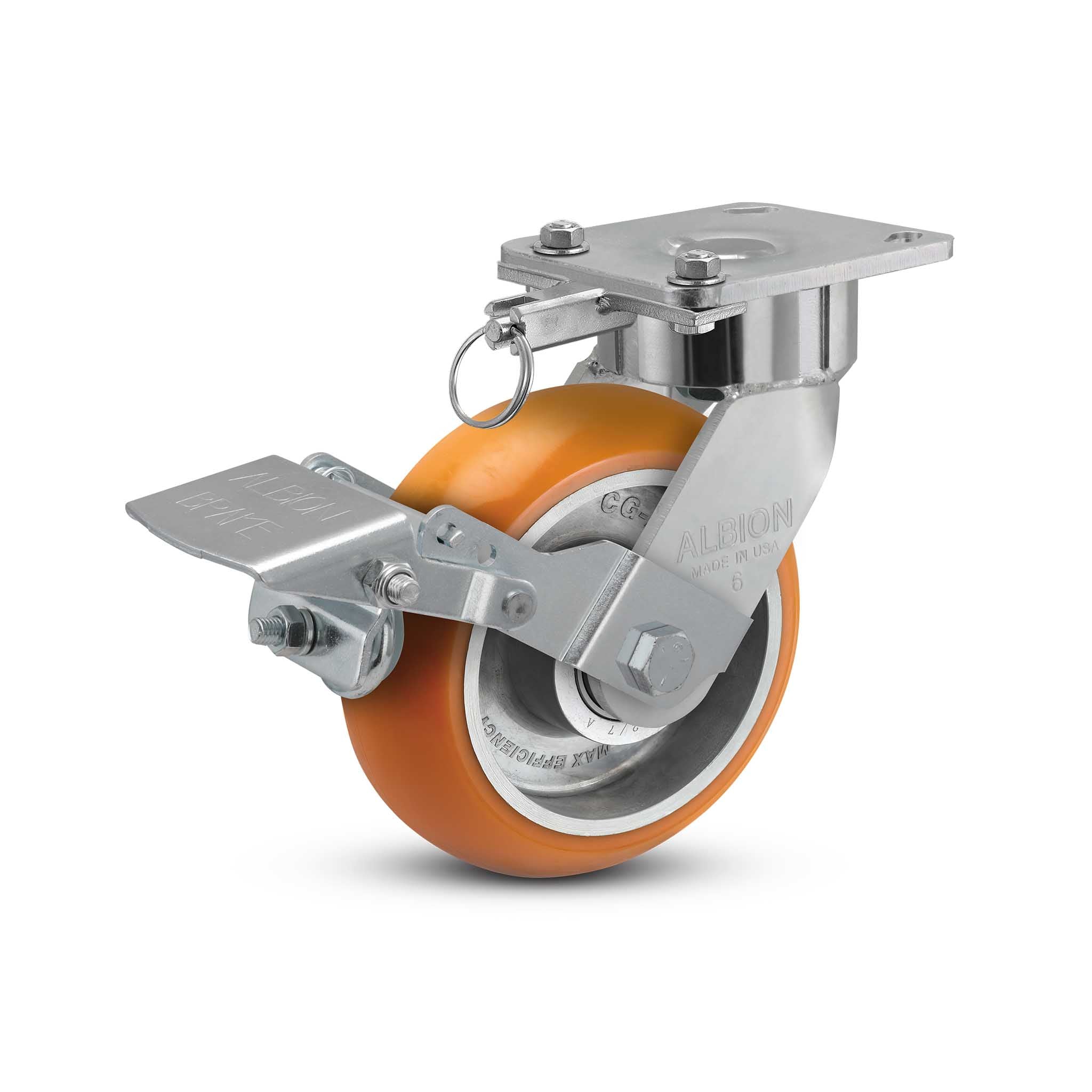 6"x2" USA Ergonomic Brake Caster with MAX-Efficiency Orange Wheel, Swi