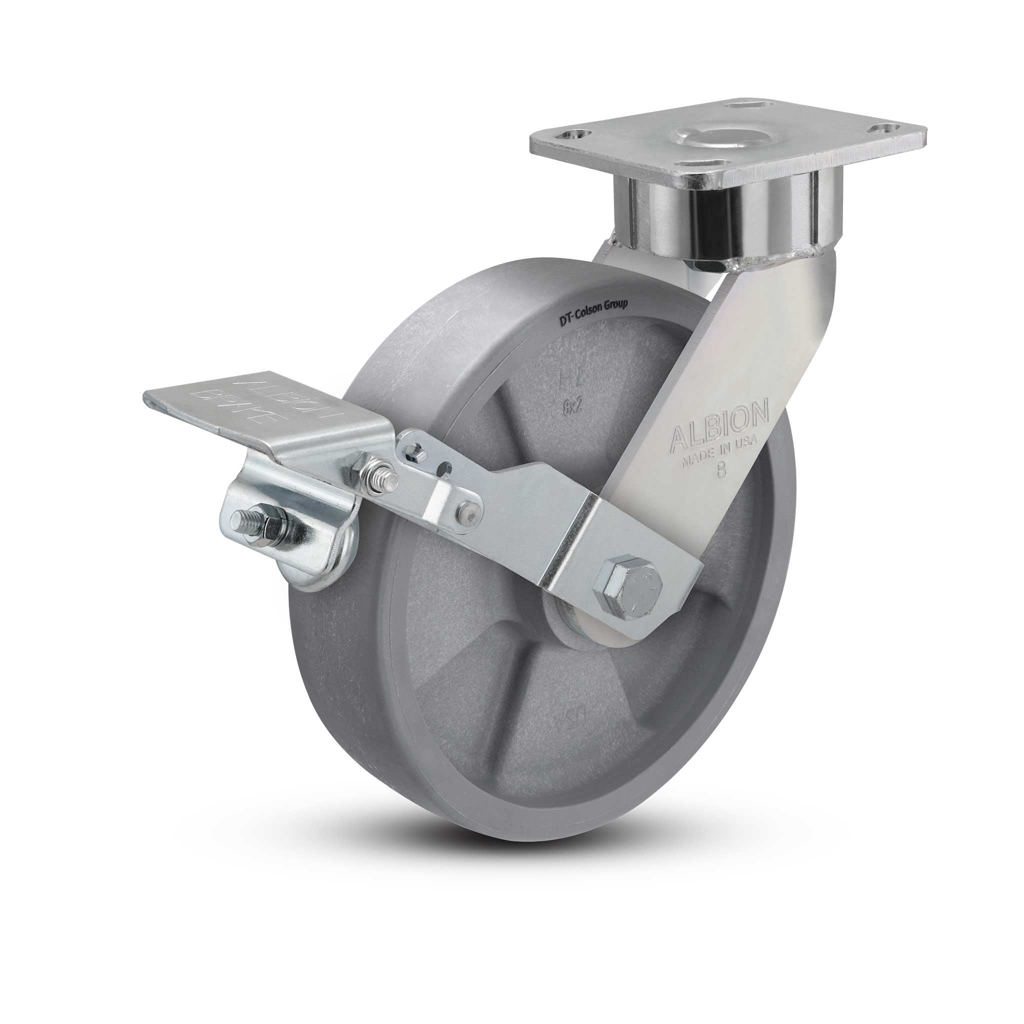 8"x2" USA Ergonomic Brake Caster with Nylon Wheel and 4"x4.5" Plate