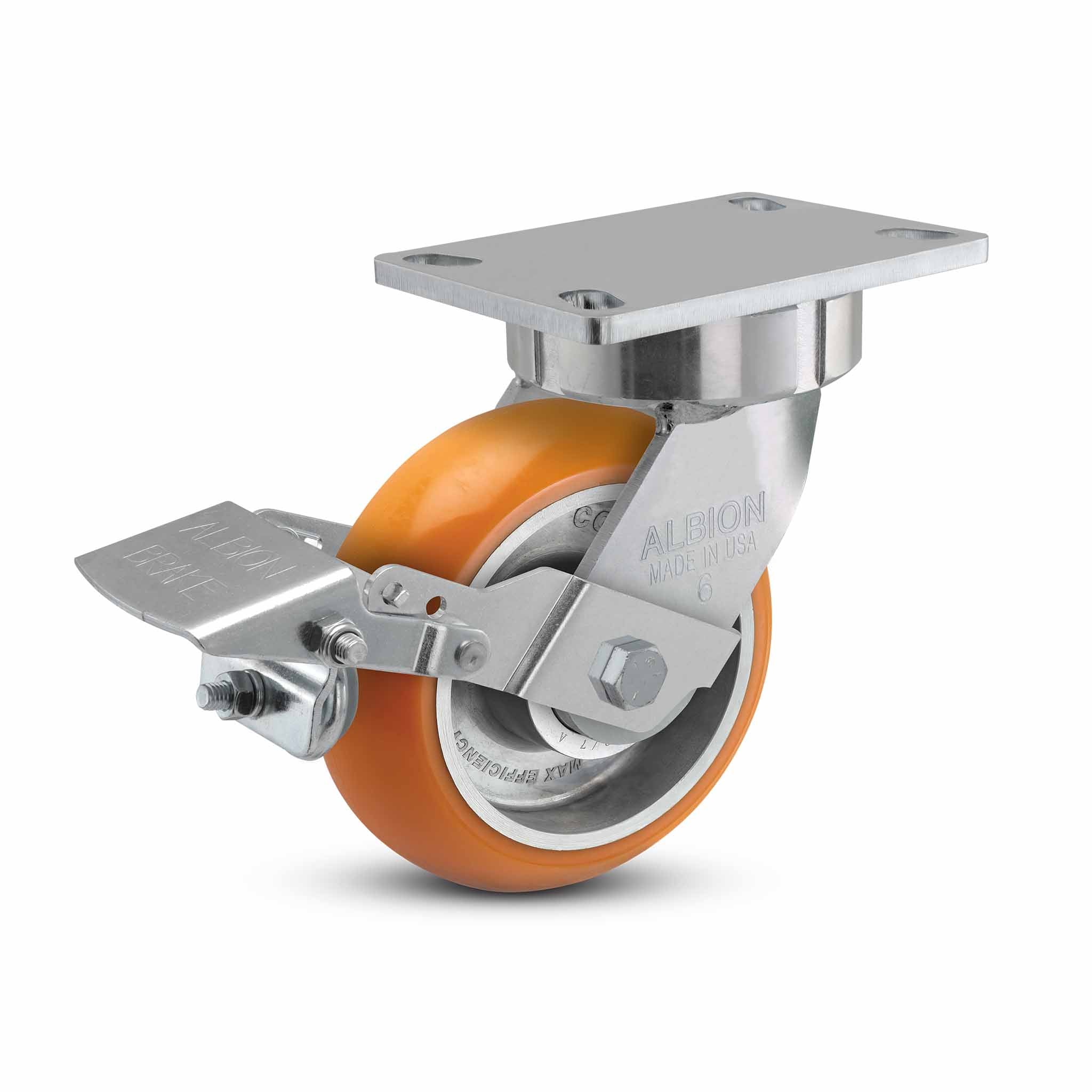 6"x2" USA Ergonomic Brake Caster with MAX-Efficiency Orange Wheel and
